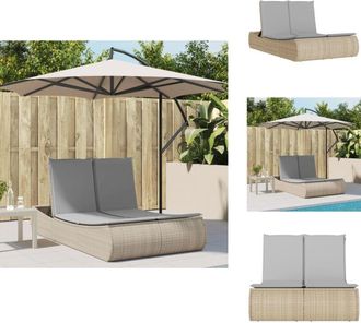 vidaXL Doppel-Sonnenliege mit Auflagen Beige Poly Rattan - Doppel-Sonnenliege - Gartenliege - Lounge Chair - Outdoor Liege - Sonnenschirm