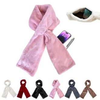 Generic Faux Fur Scarf with Hidden Zipper Pocket for Women Men,Soft Cozy Warm Pocket Scarf for Hands-Free Storage Phone,Valuables (Pink, One Size)