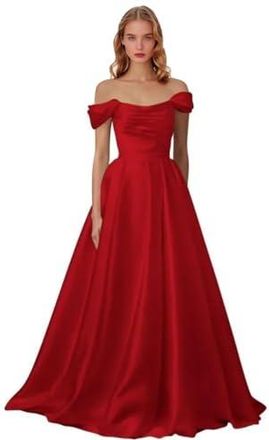 Generic Robe de bal longue fronc&eacute;e en satin &agrave; &eacute;paules d&eacute;nud&eacute;es pour femme avec poches, Rouge, 58 Grande taille