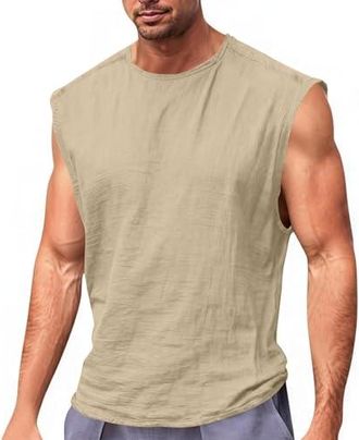 Generic Chemise en lin l&eacute;g&egrave;re et classique sans manches pour homme, couleur unie, respirante, extensible, &eacute;l&eacute;gante, polyvalente, confortable, col rond, chemis