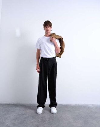 Topman Pantalon en sergé large et élégant à ceinture - Noir