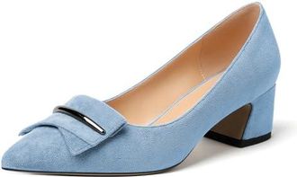 EDEFS Escarpins Femme Talon Bloc Bout Pointu - Boucle M&eacute;tallique &Eacute;l&eacute;gants pour F&ecirc;te Mariage et &Eacute;v&eacute;nements de Soir&eacute;e Su&egrave;de Bleu Clair Taille EU43