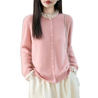 Generic Cardigan &agrave; manches longues pour femme 100 % laine m&eacute;rinos avec bords volant&eacute;s, rose, Taille L