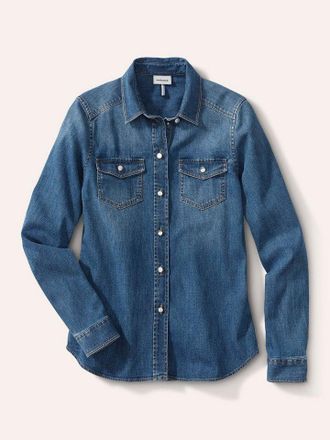 Walbusch Jeansbluse Damen Power Stretch Jeansbluse Langarm pflegeleicht Elastisch, atmungsaktiver Baumwoll-Denim, Metallkn&ouml;pfe, Brusttaschen