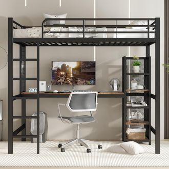 Generic Hochbett 90x200 Schwarz Metall Schreibtisch Schrank Gitterwand Industrial Design Multifunktionsbett Loft Bett f&uuml;r Schlafzimmer G&auml;stezimmer Erwachsene 