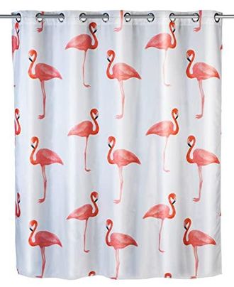 WENKO Rideau de Douche Anti-moisissure Flex Flamant Rose - antibactérien, Lavable, Anneaux intégrés, Polyester, 180 x 200 cm, Multicolore