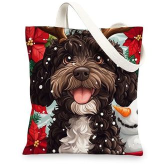 Generic Sac fourre-tout en toile motif chien deau portugais pour le shopping, 33 x 38 cm, bonhomme de neige, chiot de No&euml;l, sac d&eacute;picerie r&eacute;utilisable pour fe