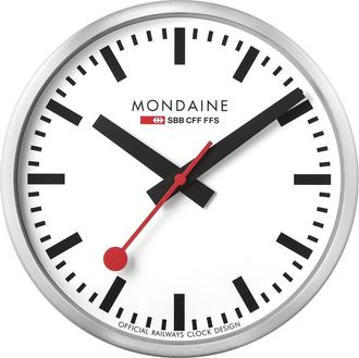Mondaine Wanduhr A990.Clock.16SBB 25cm - Bahnhofsuhr in Silber aus geb&uuml;rstetem Aluminium mit rotem Sekundenzeiger staubbest&auml;ndig - Hergestellt in der Schweiz
