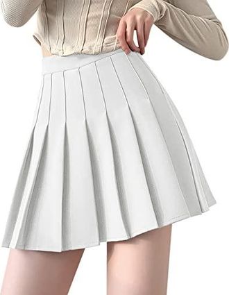 Generic Jupe pliss&eacute;e d&eacute;cole pour femme - Jupes de tennis pour femme - Taille haute fluide - Jupe de plage fluide de couleur unie pour femme - Jupe trap&egrave;ze l&eacute;g