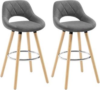 Woltu Tabouret Bar, Lot de 2, Chaise Haute Bar, Tabouret Haut avec Dossier et Repose-Pieds, Cadre en Bois, Siège en Lin, Gris foncé, BH111dgr-2