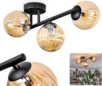 HOFSTEIN Deckenleuchte Chehalis, 3-flammige Deckenlampe aus Metall/Riffelglas in Schwarz/Bernstein, moderne Leuchte im Vintage-Design (Schirme &Oslash; 12 cm), G9, Es