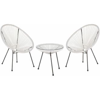 Beliani Balkonset Hellgrau Polyrattan Beistelltisch mit 2 St&uuml;hlen Spaghetti-Optik Modern Mexikanischer Stil Outdoor Balkon Terrasse Garten M&ouml;bel