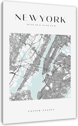 Pixxprint Stadtkarte Eckig - New York als, Gr&ouml;&szlig;e: 60x40cm, Leinwandbild, fertig gespannt, Wandbild, Dekoration, Kunstdruck, kein Poster