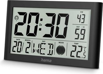 Hama Wanduhr digital (DCF Funkuhr mit Thermometer, Uhr mit Weckfunktion, 2 Weckzeiten, Anzeige von Kalender, Wochentag, Mondphasen, ausklappbarer Standfuß,