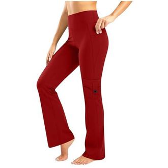 Generic Pantalon de yoga pour femme - Taille haute - Contrôle du ventre - Legging évasé avec poche - Pantalon extensible à jambe large, Rouge, M