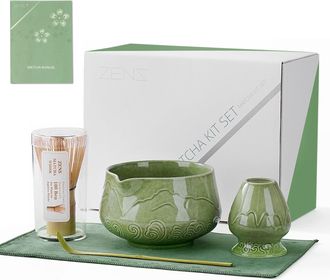 Zens Matcha Set mit Matchabesen, Japanisches Matcha-Teeservice mit Matcha Schale, Besenhalter aus Keramik und L&ouml;ffel & Teetuch f&uuml;r Matcha-Latte,Geschenk f&uuml;