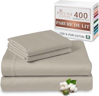 Pizuna Coton Peigné Parure de Lit 140x200 cm Simplement Taupe, 100% Coton Longue durée 400 Fils de Satin Comprend 1 Drap Housse, 1 Drap Plat, 2 Taie doreille
