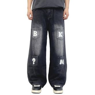 Generic Baggy Jeans Y2k Pantalon en jean stretch pour homme avec imprim&eacute; alphabet et jambes larges, style vintage, en denim, avec plusieurs poches, style hip 