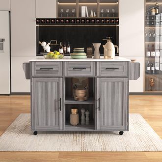 Merax K&uuml;chenwagen auf Rollen, Marmor abklappbarer Arbeitsplatte, bewegliche K&uuml;cheninsel Beistellschrank Servierwagen mit 2 Stauschr&auml;nken & 3 Schublade, 139x