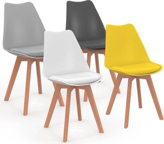 IDMarket Set mit 4 skandinavischen Stühlen SARA, Büro, Buche, Mix Color Dunkelgrau, Hellgrau, Weiß und Gelb