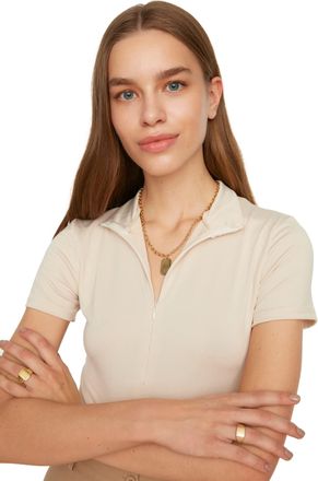 Trendyol Trendyol Damen Zip, Steep Collar, Snap Knitted Body T Shirt, Stone, XS EU