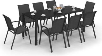 IDMarket Salon de jardin MADRID table 190 CM et 8 chaises empilables noires