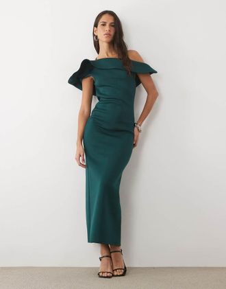 Asos Midi-Kleid mit Twist und Bardot-Ausschnitt aus Scuba-Material in Flaschengr&uuml;n