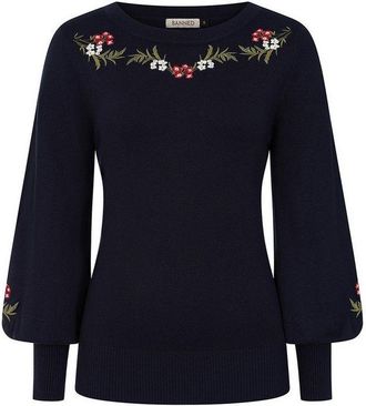 Banned Strickpullover Carla Romantic Floral Dunkelblau Vintage Rockabilly Blumen