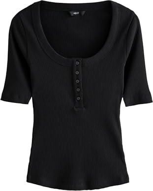 Next Femme Haut col Tunisien boutonné à Manches Courtes et Larges côtes Noir 34