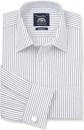 The Savile Row Company Chemise habillée à manches longues en popeline de coton pour homme, coupe classique, double manchette, Rayures blanches bleu marine, 15.5 Neck / 34 Sl