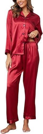 Generic Pyjama 2 pi&egrave;ces en soie pour femme, pyjama 2 pi&egrave;ces en soie &agrave; manches longues, v&ecirc;tement de nuit confortable, pyjama soyeux, bordeaux, XXL