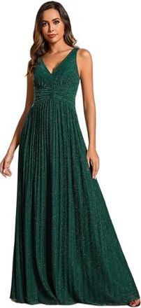 Ever-pretty Robe Cocktail Femme Longue Plis Col V A Line Brillants Longue sans Manche Robe de Soirée Vert Foncé 46