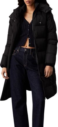 Calvin Klein Damen Mantel Long Puffer mit Kapuze, Schwarz (Ck Black), L
