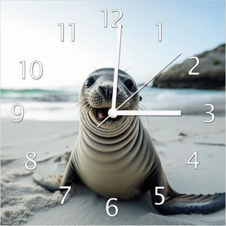 Wallario Design-Wanduhr Robbe am Strand aus Glas, Motiv-Uhr Gr&ouml;&szlig;e 30 x 30 cm, wei&szlig;e Zeiger