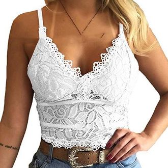 Minetom Sexy Femmes Crop Top Dentelle D&eacute;bardeur Soutiens-Gorge Dos Nu Camisole Bretelles Bralette Col V sans Manches Shirt A Blanc 46