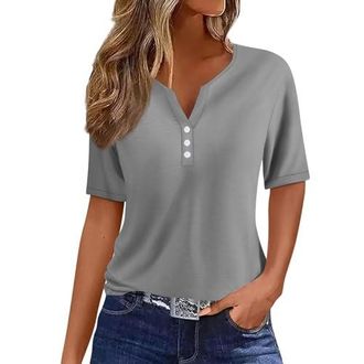 Generic Tee Shirt Femme Col V T-Shirt Manches Courtes Haut Ete Basique Top Elegant avec Bouton
