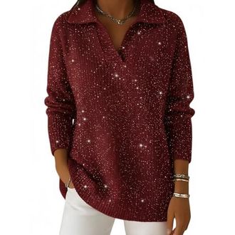 Generic Pull &agrave; col polo pour femme - Style d&eacute;contract&eacute; - Col en V - Brillant, Rouge, 4XL