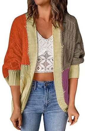 Generic Vestes pour femmes 2026 Mode &agrave; manches longues Colorblock Contraste Cardigan d&eacute;contract&eacute; l&eacute;ger en tricot doux, Orange, M