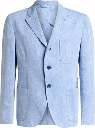 Etro Homme, Vestes, Bleu, Taille: M Giacca Monopetto in Cotone a Righe Motivo Paisley Floreale