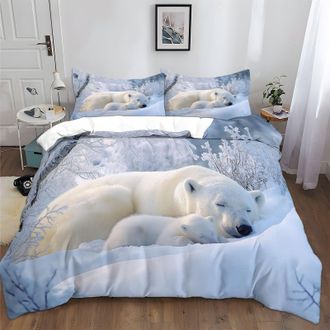 Generic Tier Eisbär Bettbezug Set 155x220 cm für Kinder Weiß Bettwäsche Jungen Mädchen Weich Atmungsaktiv Microfaser Betten Set mit Reißverschluss