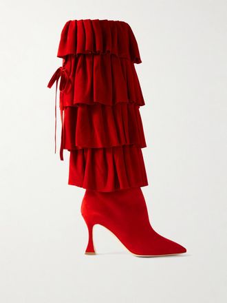 Manolo Blahnik Bottes En Daim &Agrave; Volants Mifalone 90 - Rouge