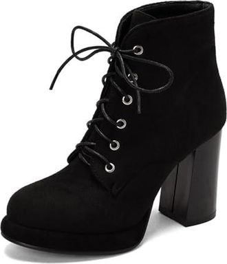 Generic Bottines à lacets pour femme avec bout rond et talon haut - Chaussures dhiver tendance et décontractées, Noir, 40.5 EU