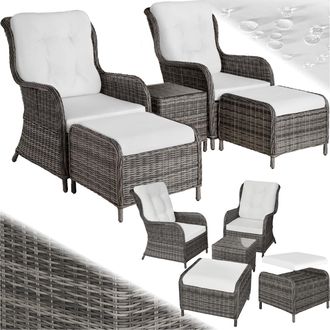 TecTake 2X Premium Rattan Sessel mit Hocker und Tisch, Relaxsessel für Garten, Terrasse und Balkon, Lounge Gartenmöbel Set wetterfest, variabel, Gartenstühle,