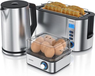 Arendo Fr&uuml;hst&uuml;cks-Set, 8er Eierkocher eightcook, Wasserkocher 1,5l, 4-Scheiben Toaster Langschlitz, Silber - Arendo