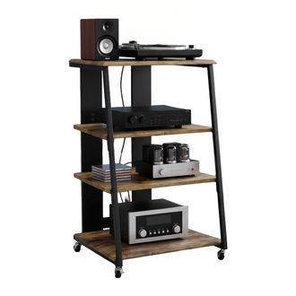 Relaxdays Hifi Rack, 4 Ebenen, f&uuml;r Plattenspieler, Eisen & MDF, 78x61x52 cm, Industrial Multimediaregal, braun/schwarz