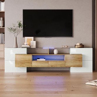 Generic QXJVA TV-Schrank 200 cm Wei&szlig; Hochglanz Holzoptik LED Beleuchtung TV Lowboard f&uuml;r Fernseher bis 70 Zoll 4 T&uuml;ren 2 Schubladen Gro&szlig;er Stauraum Modernes D