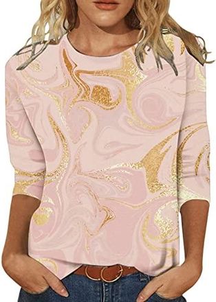 Generic T-shirt d&eacute;t&eacute; &agrave; paillettes &agrave; manches 3/4 pour femme 2025 &eacute;tincelant pour sortir - Hauts d&eacute;contract&eacute;s tendance - Col rond - Ample - Brillant - Tendance 