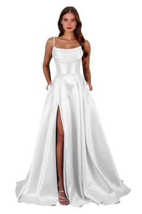 Generic Robes de bal en satin à bretelles spaghetti avec fente trapèze, robes de bal longues robes de soirée formelles avec poches, blanc, 56 Grande taille