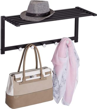 Relaxdays Wandgarderobe mit Ablage, Garderobenleiste 5 Haken, Flur & Bad, modern, Metall, HBT 28 x 65 x 25 cm, schwarz