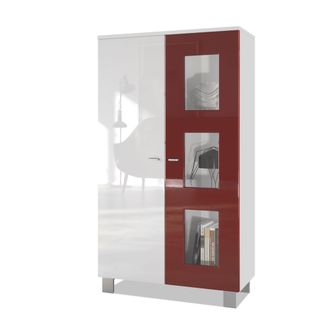 Vladon Vitrine Denjo, Made in Germany, Standvitrine mit 2 Türen und 3 Glaseinsätzen, Weiß matt/Weiß Hochglanz (71 x 129 x 35 cm)